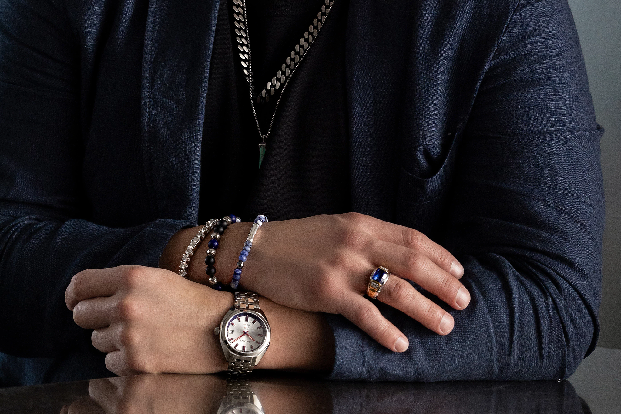 Sleek and stylish Bulova bracelet in blue tiger's eye, onyx, and steel ...