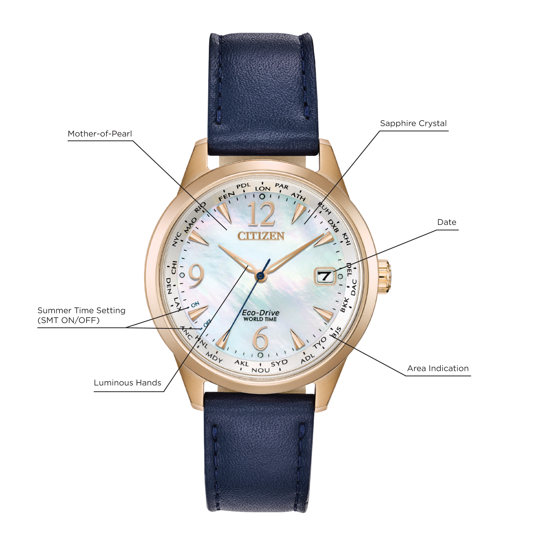 Citizen World Time Ladies Eco-Drive Rose Gold White Dial Watch | CITIZEN