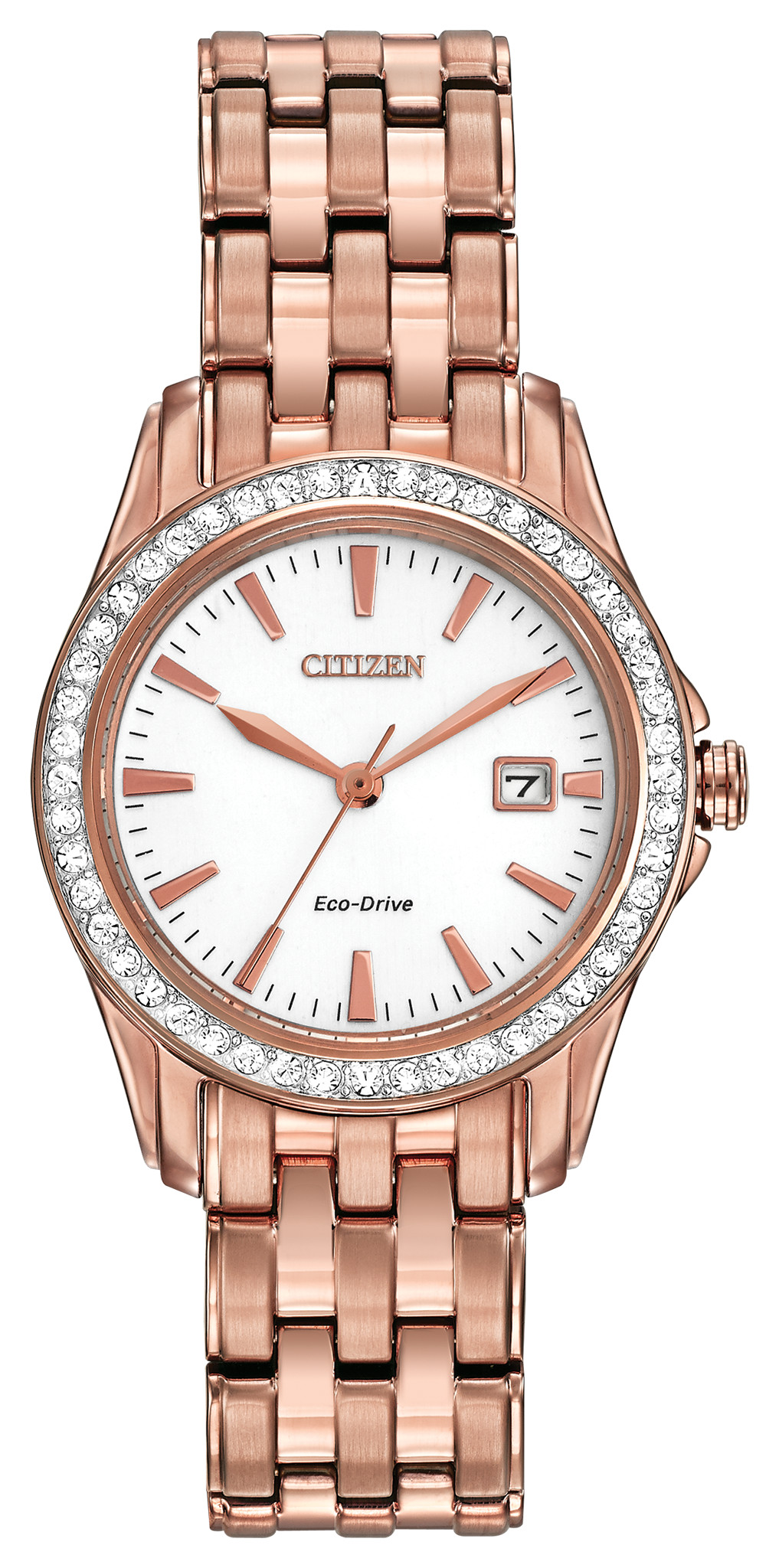 Silhouette Crystal - Ladies Eco-Drive Pink Gold Date Watch | CITIZEN