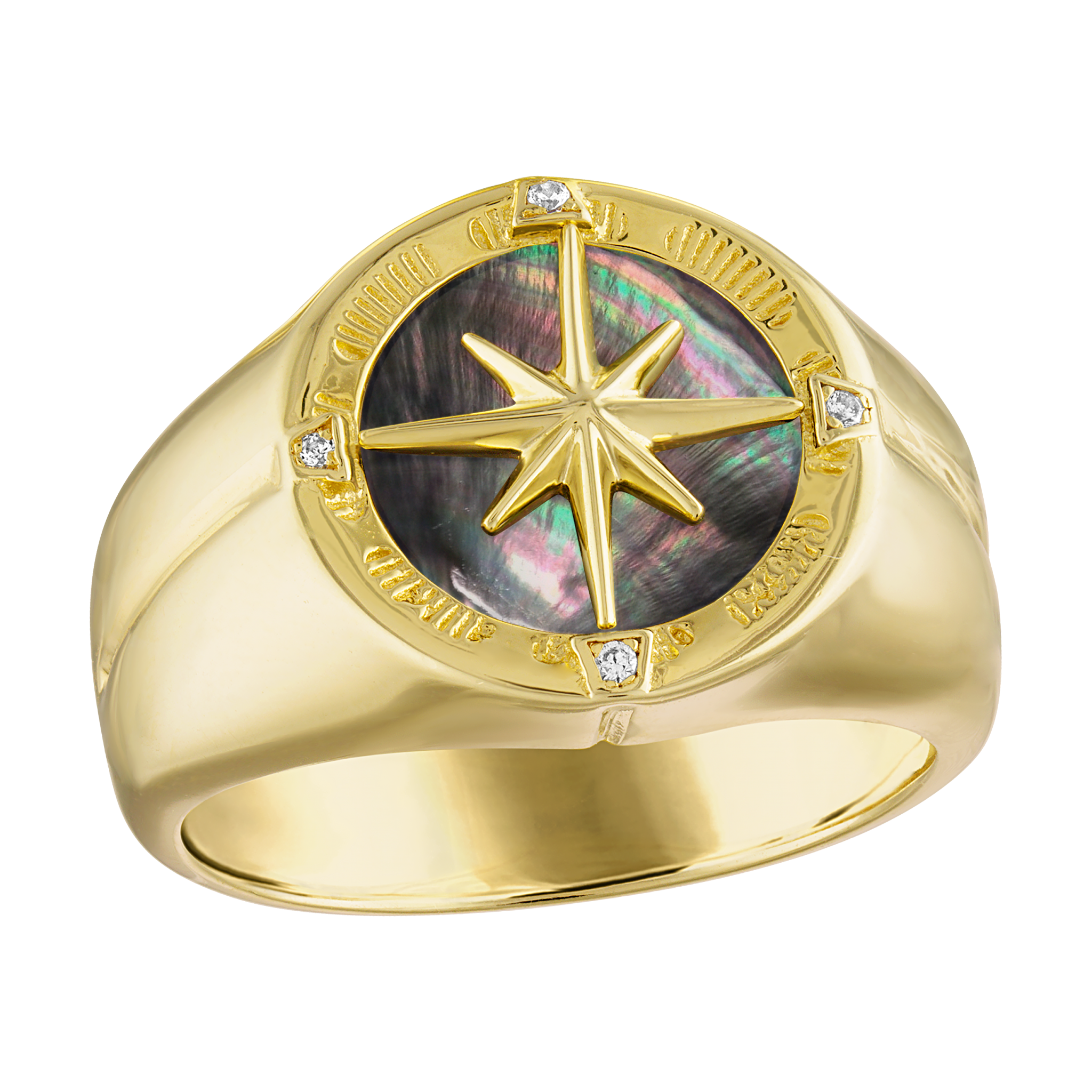 Bulova nautical compass ring in 14kt gold-plated silver with diamond ...