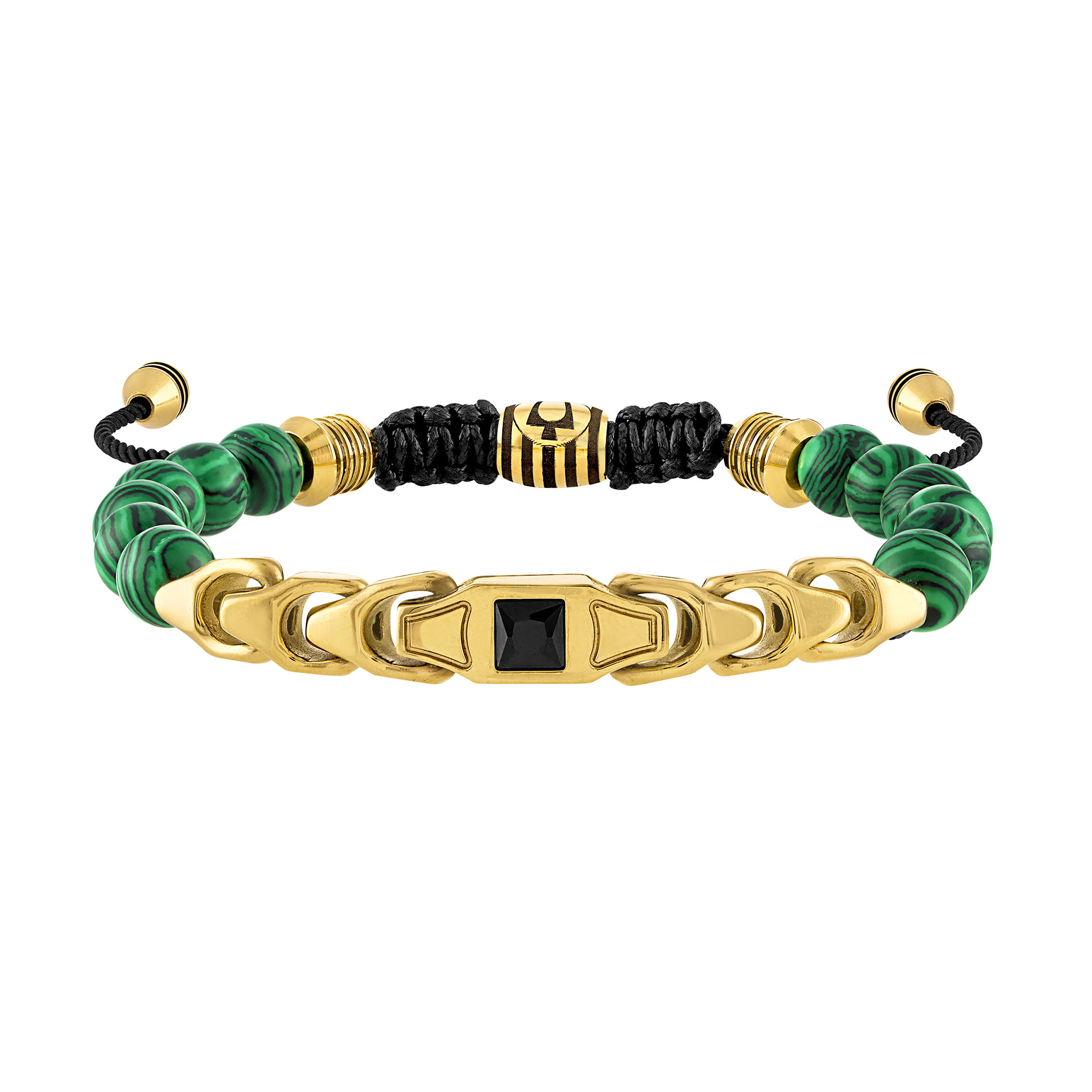 A classic color combination with malachite beads and gold-toned steel ...