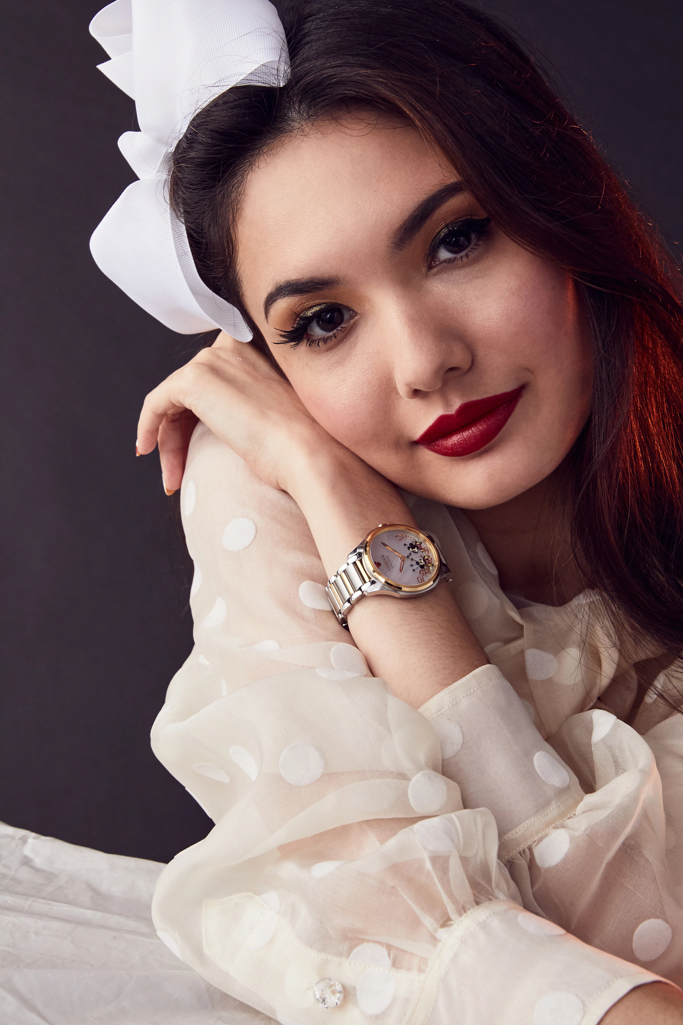 Falling Mickey & Minnie Silver-Tone Dial Stainless Steel Bracelet ...