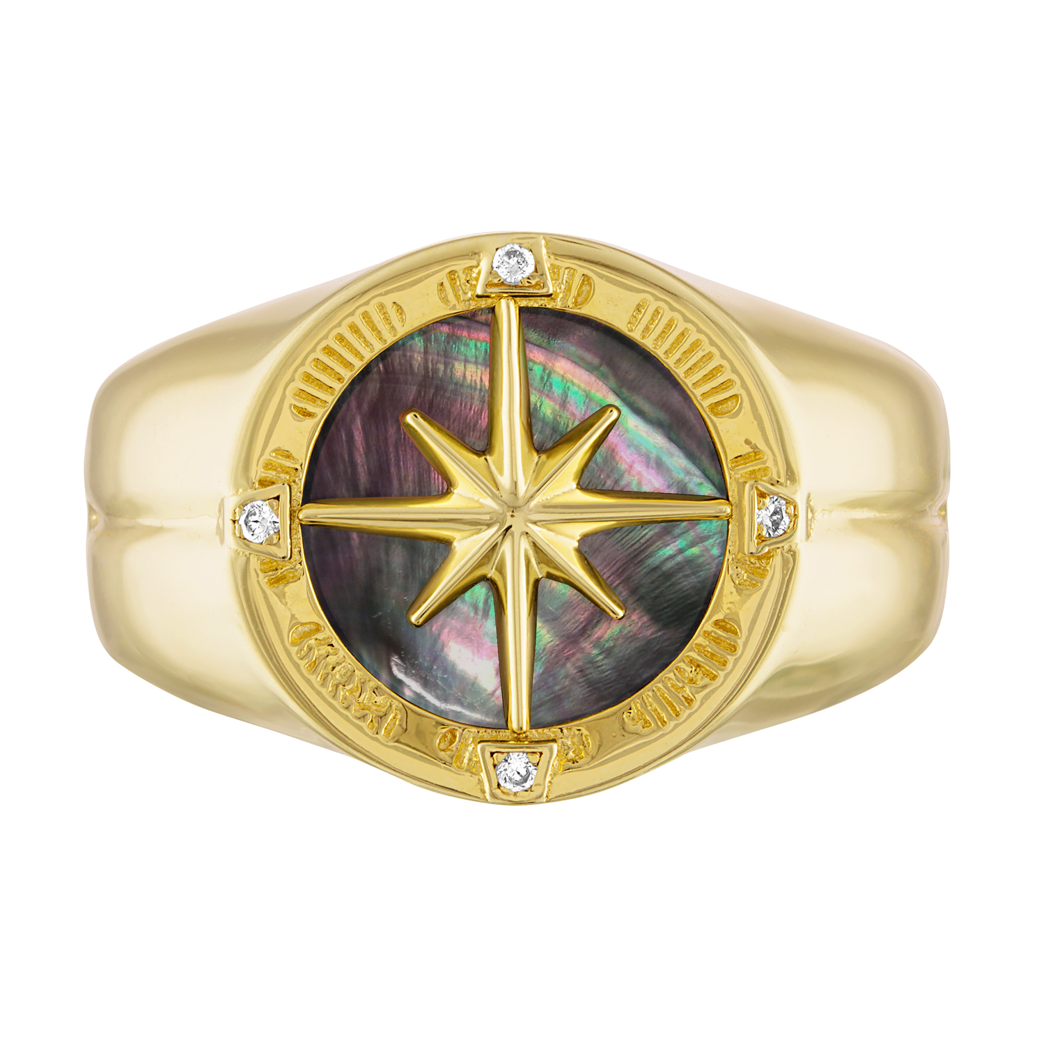 Bulova nautical compass ring in 14kt gold-plated silver with diamond ...