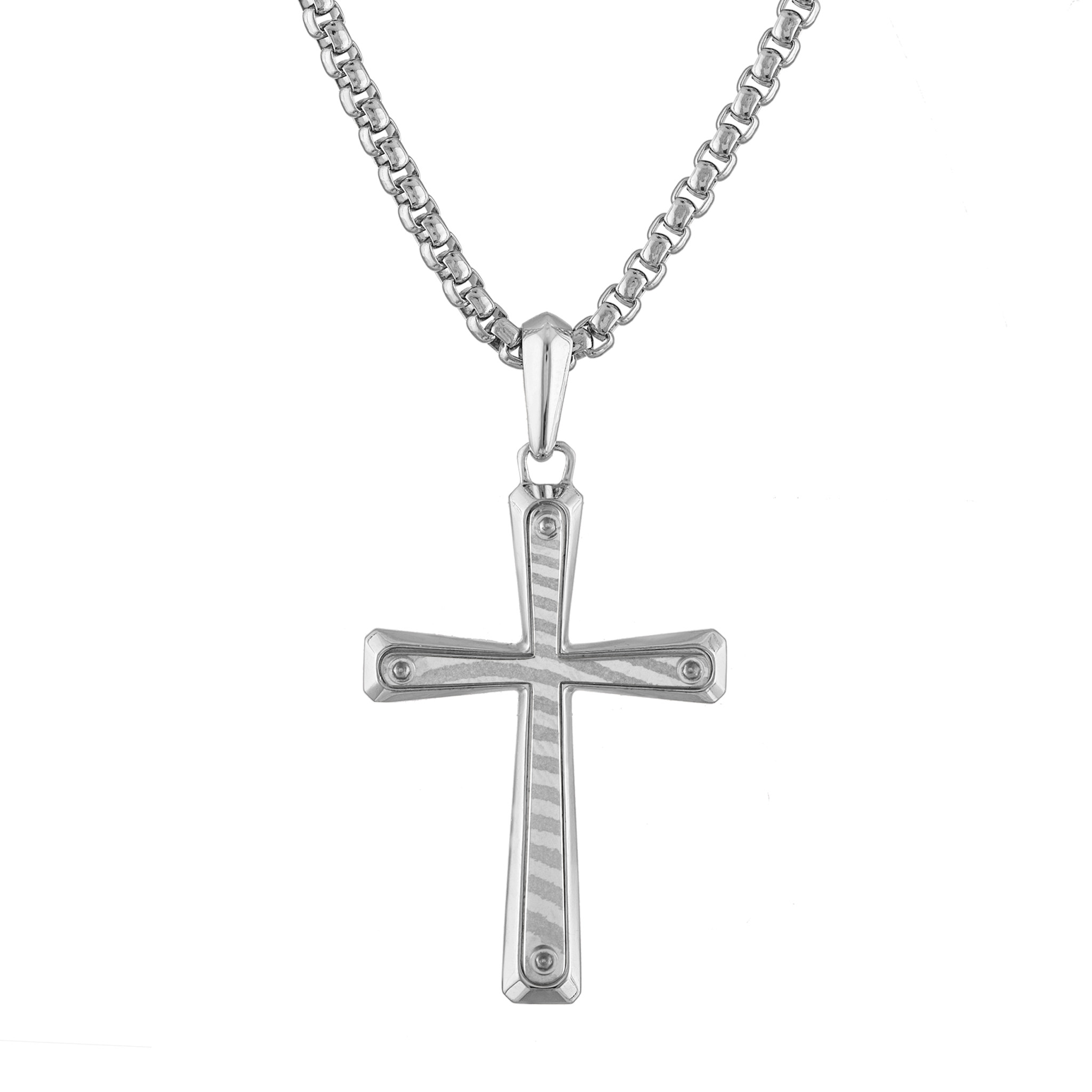 This Bulova Silver cross amulet with damascus steel inlay on a 24 ...
